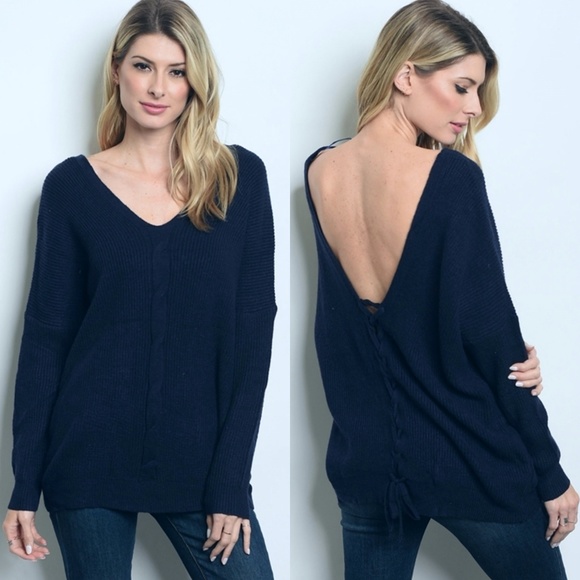 Sweaters | Bogo Free Navy Low Back Lace Up Sweater | Poshmark